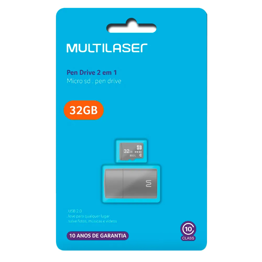 Pen Drive Multilaser 2 em 1 Leitor USB e Cartão de Memória 32GB Classe ...