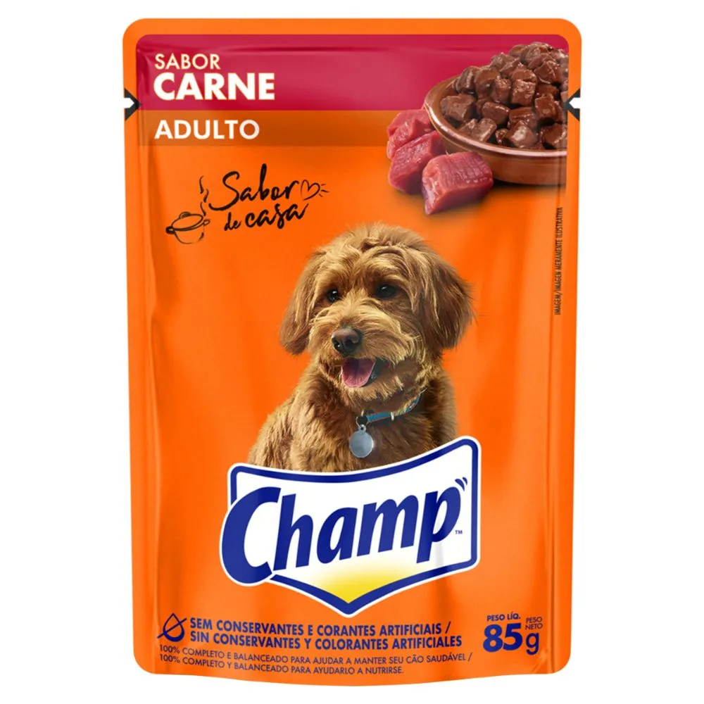 Ração Úmida Champ Adulto sabor Carne Sachê 85g - Drogaria Araujo