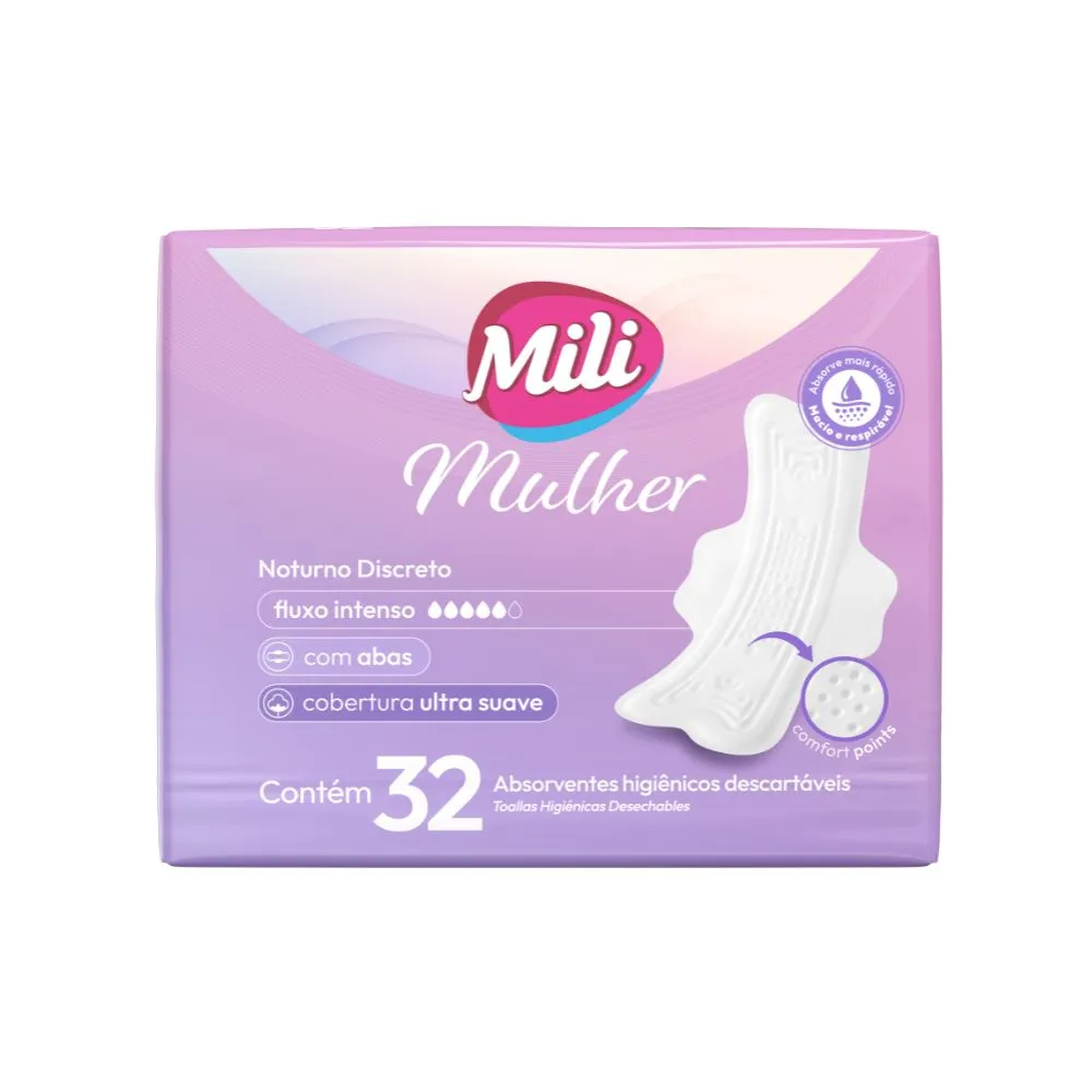 Absorvente Mili Mulher Noturno Discreto com Abas 32 Absorventes ...