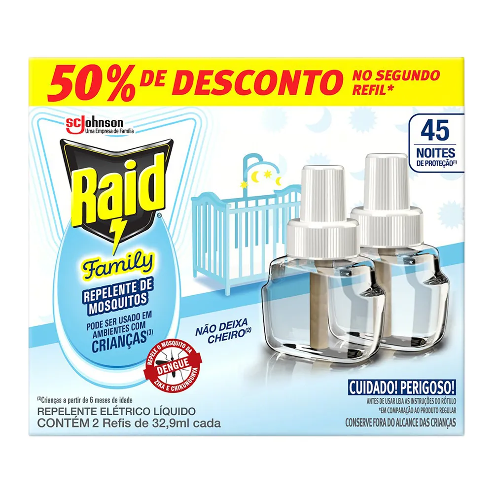 Refil Raid Family 45 Noites Repelente Líquido com 2 Unidades de 32,9 ml ...