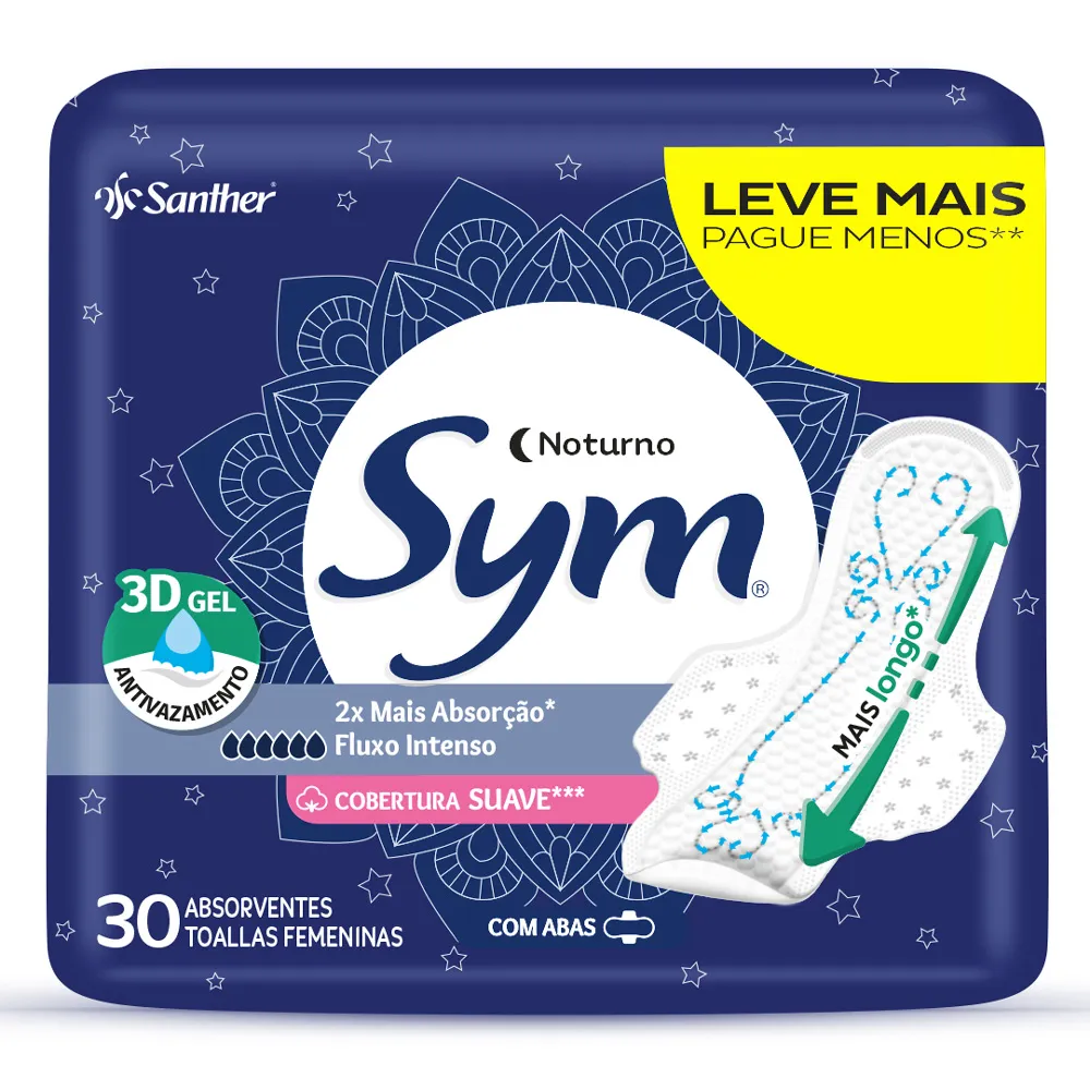 Absorvente Sym Noturno Cobertura Suave com Abas 30 Unidades Leve Mais ...