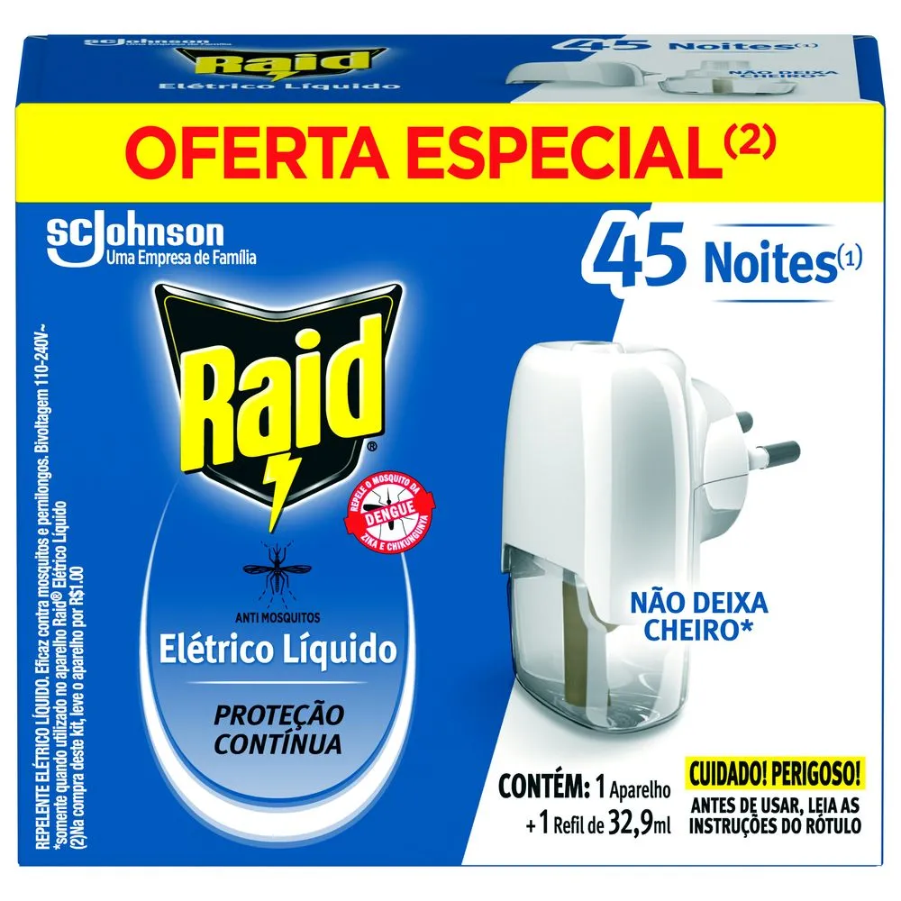 Aparelho Raid Elétrico Líquido 45 Noites 1 Aparelho + 1 Refil de 32,9ml ...