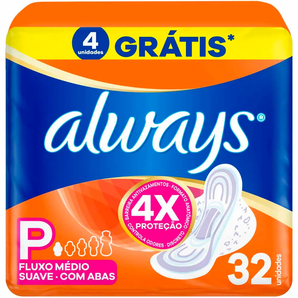 Absorvente Always Proteção Suave Tamanho P com Abas 32 Unidades ...