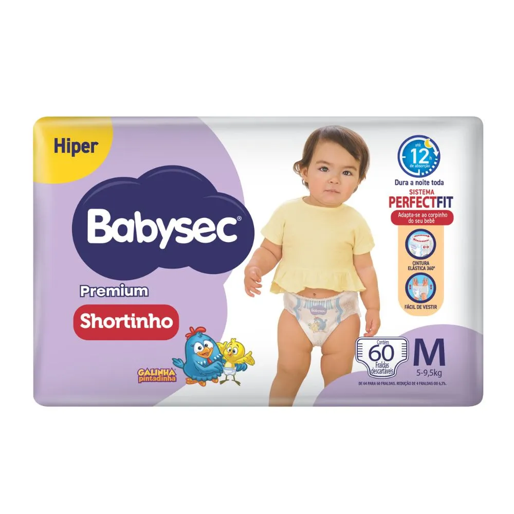 Fralda Shortinho Babysec Premium Tamanho M com 60 Fraldas Descartáveis ...