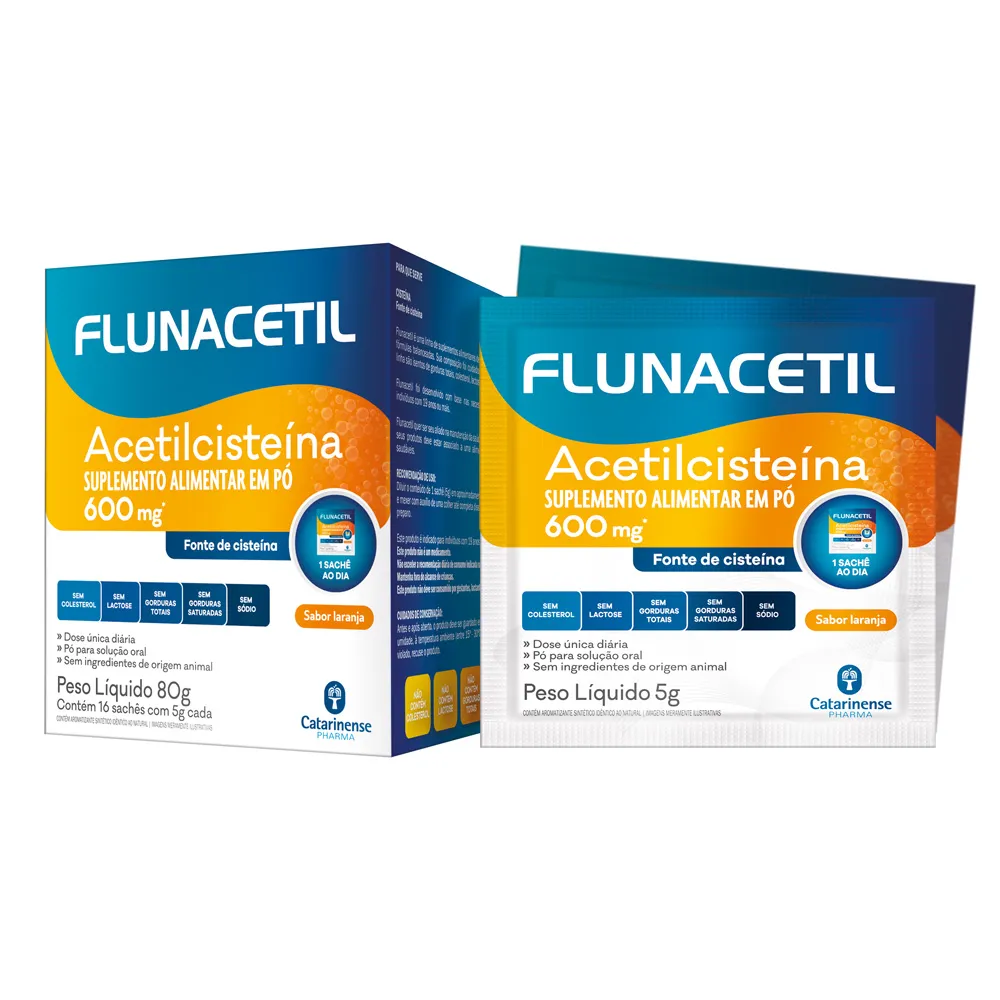 Flunacetil 600mg Sabor Laranja com 16 Sachês de 5g cada - Drogaria Araujo