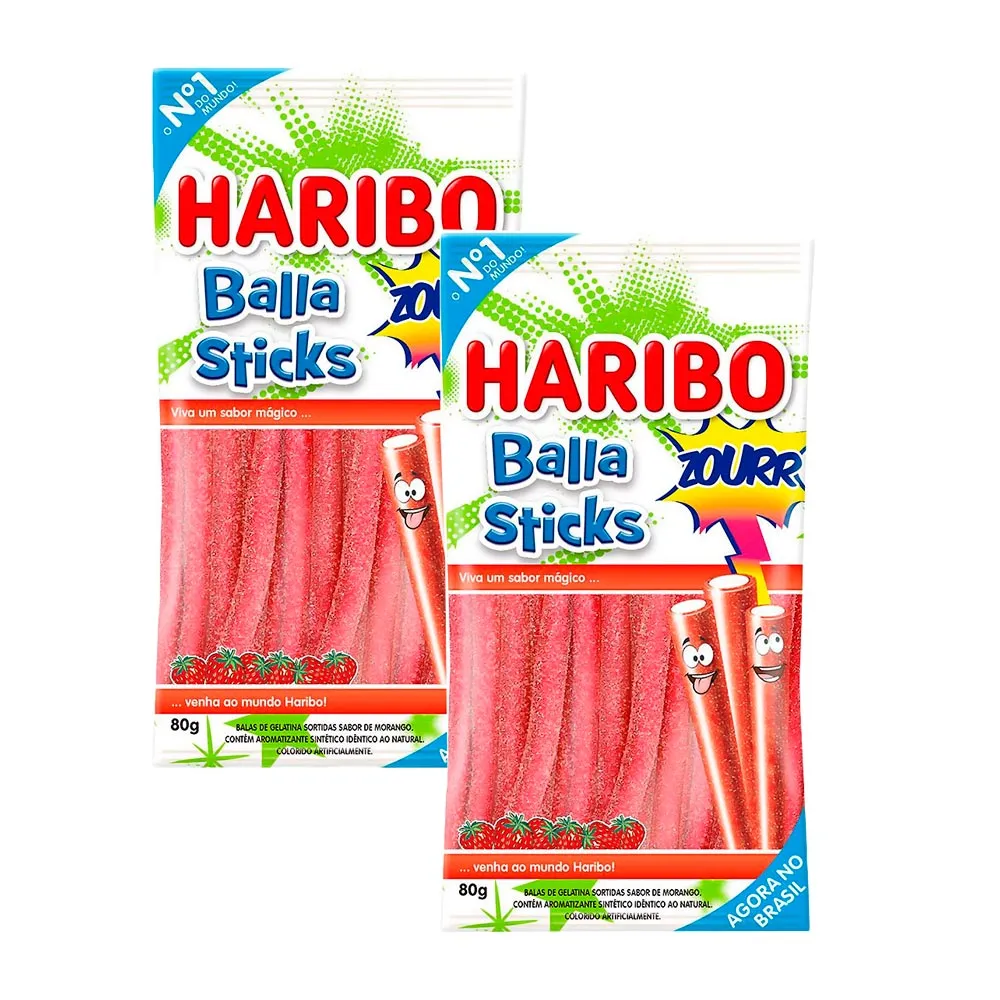 Kit 2 Balas Haribo Balla Sticks Zourr Morango 80g - Drogaria Araujo