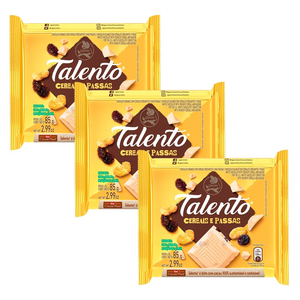 Kit 3 Chocolate Garoto Talento Branco com Cereais e Passas 85g ...