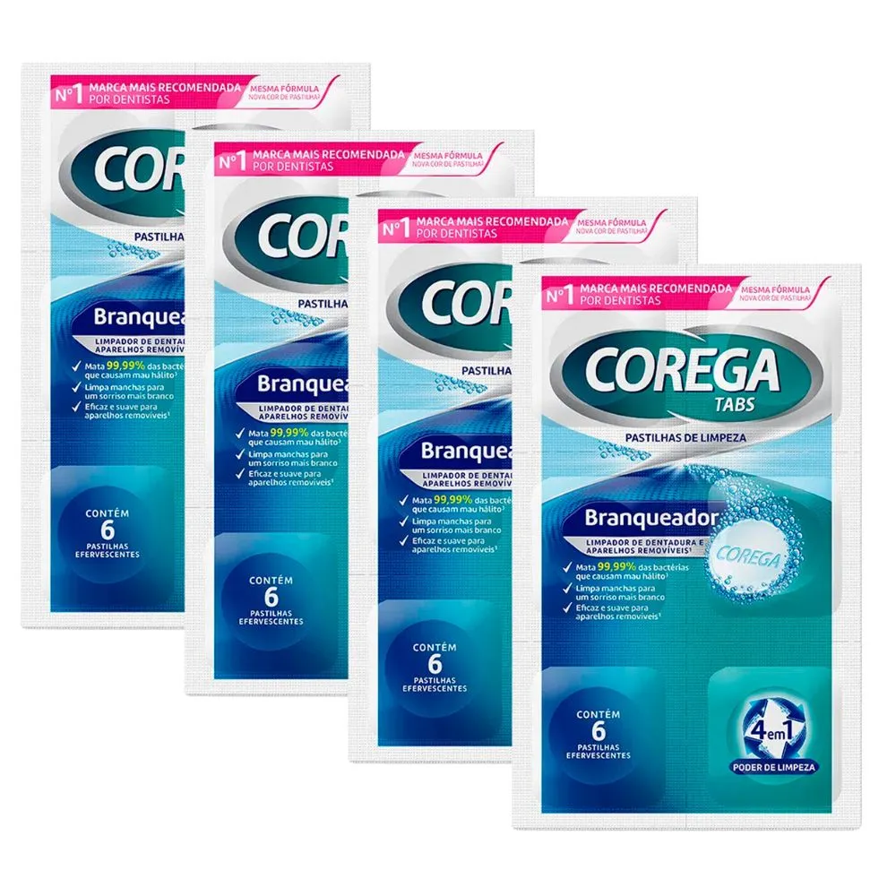 Kit 4 Corega Tabs Limpador de Dentadura Branqueador com 6 Pastilhas ...