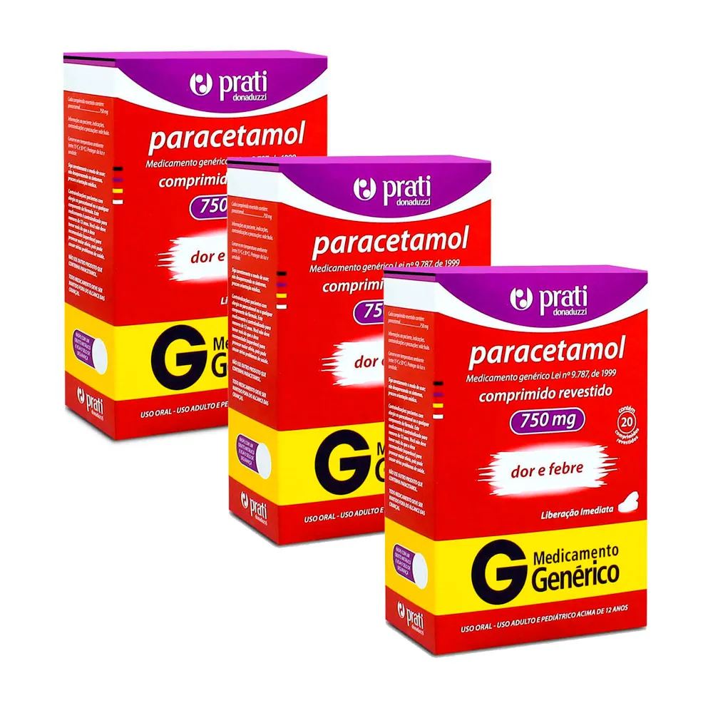 Kit 3 Paracetamol 750mg Prati Genérico com 20 Comprimidos Revestidos ...